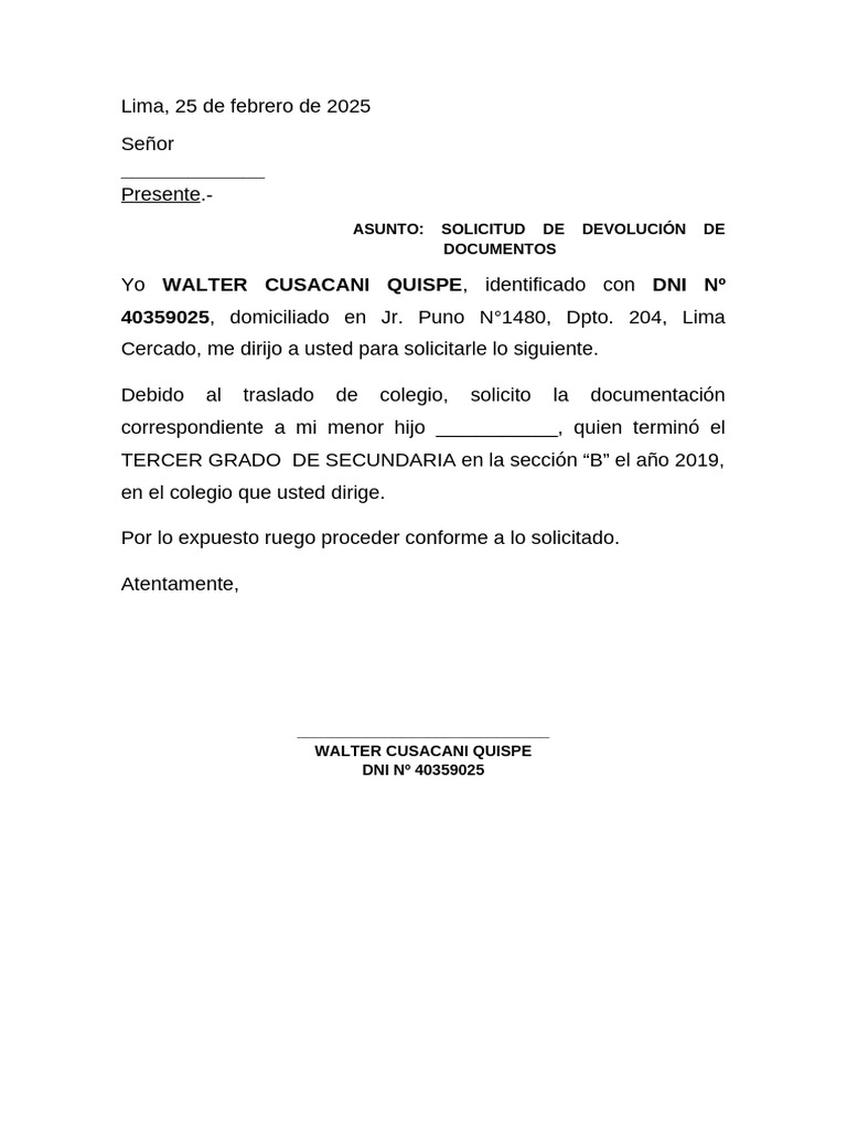 Solicitud de Devolución de Documentos | PDF