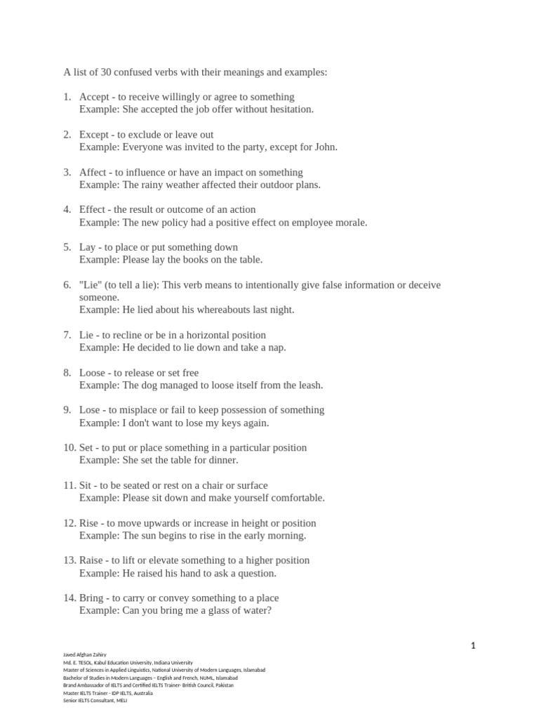 List of 30 confused verbs with their meanings and examples | PDF ...