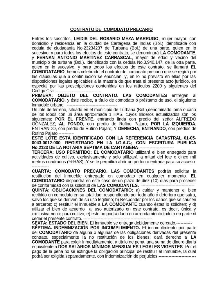 Contrato de Comodato Precario en Turbana | PDF