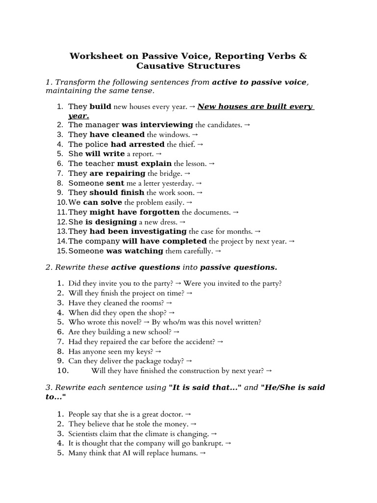 Worksheet On Passive Voice, Reporting Verbs & Causative Structures | PDF | Linguistics