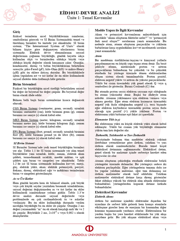 E D101U-Devre Anal Z: Ünite 1: Temel Kavramlar | PDF