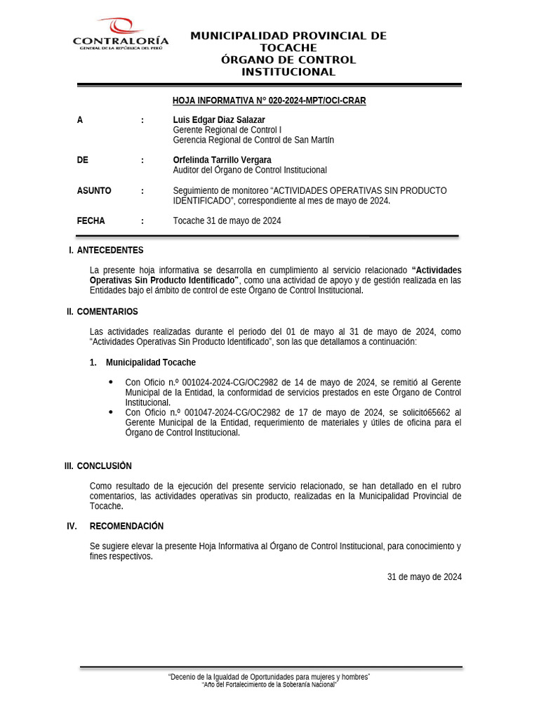 Hoja Informativa Mayo #020-2023-Mpt-Oci-Otv | PDF