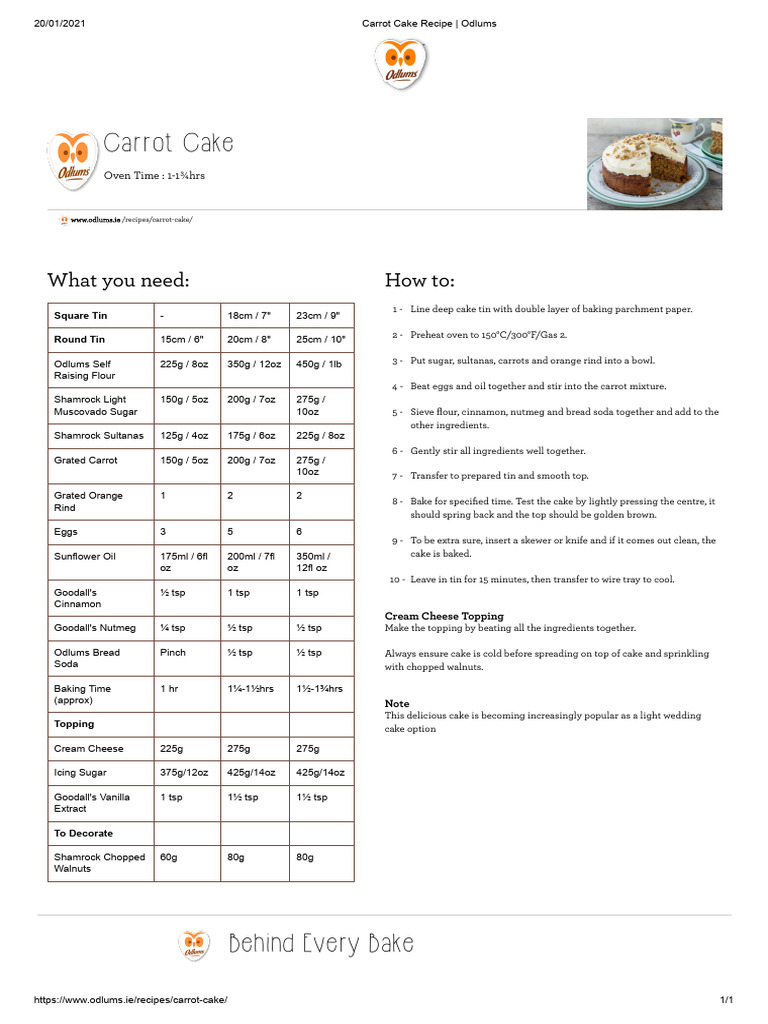 Carrot Cake Recipe - Odlums | PDF | Cakes | Baking