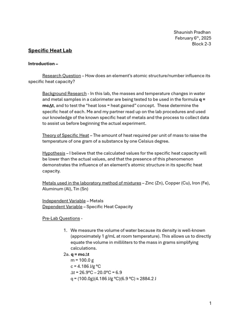 Specific Heat Capacity of Metals Experiment | PDF | Heat | Heat Transfer