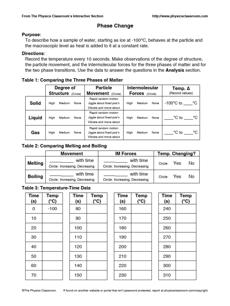 Physics Classroom Phase Change Activity | PDF | Phase (Matter) | Phase ...