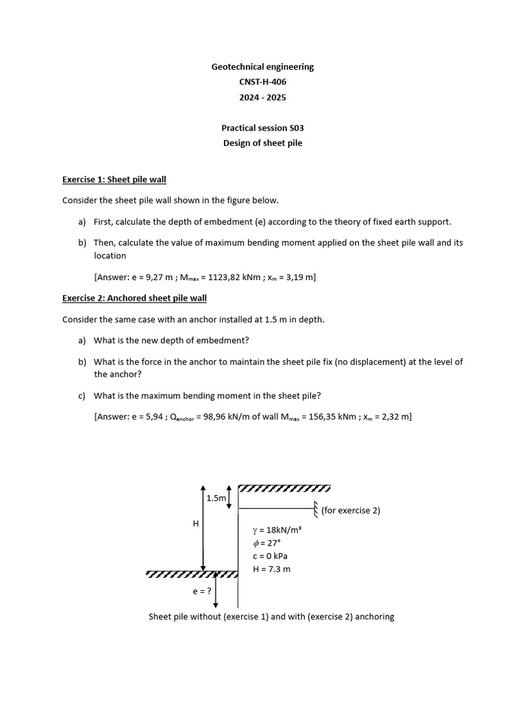 Anchored Sheet Pile Design Exercise | PDF | Civil Engineering | Building Engineering