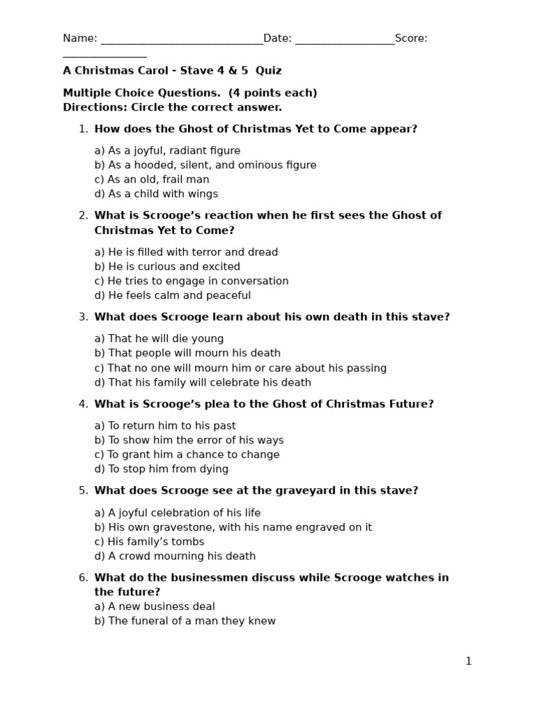 A Christmas Carol Stave 4-5 Quiz | PDF | Ebenezer Scrooge | A Christmas ...