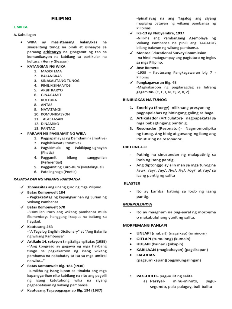 LE 1 Filipino Notes 1.2 | PDF