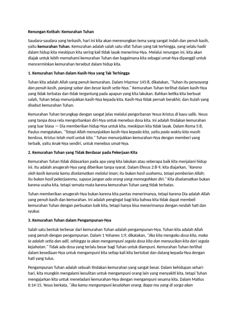 Renungan Kotbah Kemurahan Tuhan | PDF