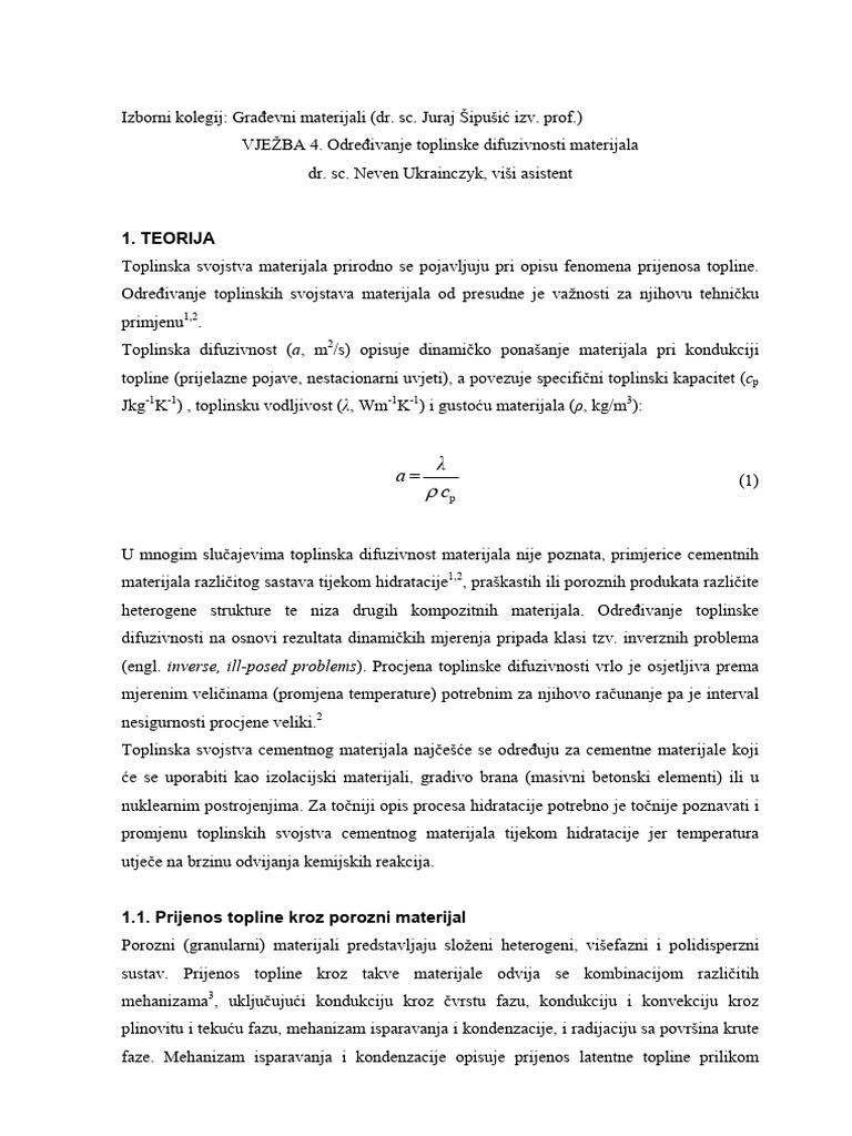Vjezba 4 - Odredjivanje Toplinske Difuzivnosti Materijala | PDF