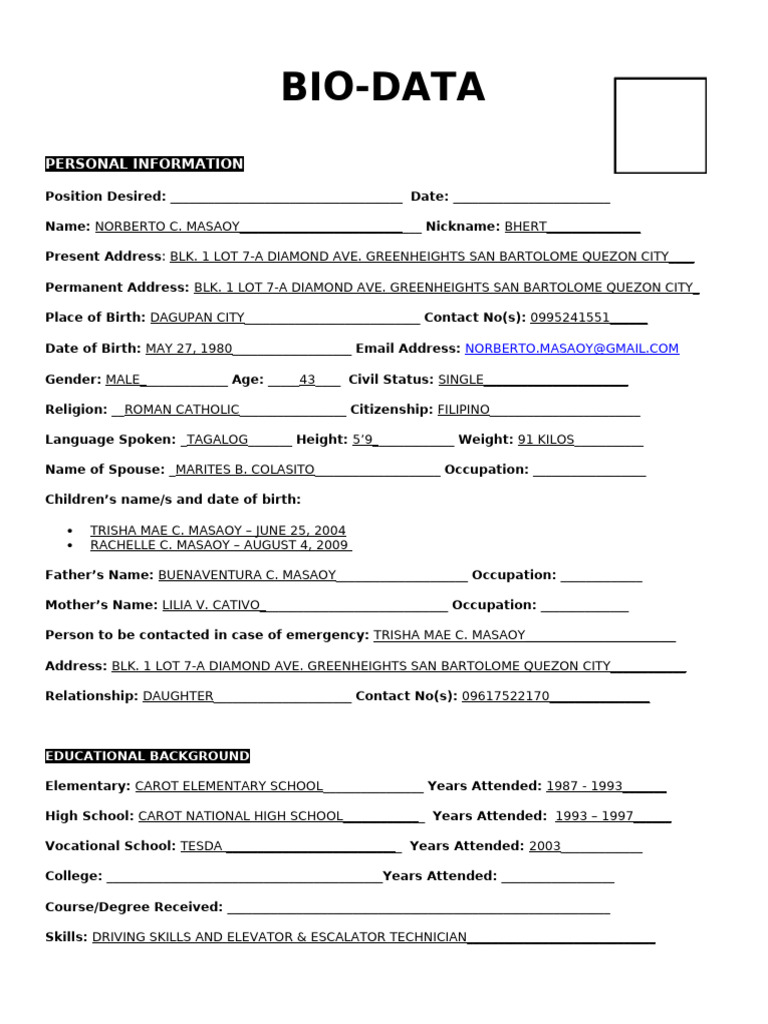 Biodata Template Philippines | PDF