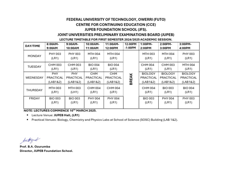Futo Jupeb Lecture Timetable 2ND Sem 2025 | PDF