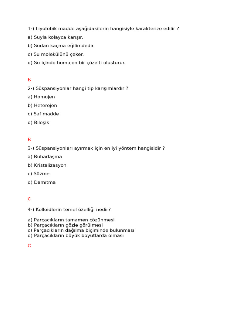 Konu Kolloid Solüsyon Ve Süspansiyon - Kıvam Arttırıcılar Soruları İÖ | PDF
