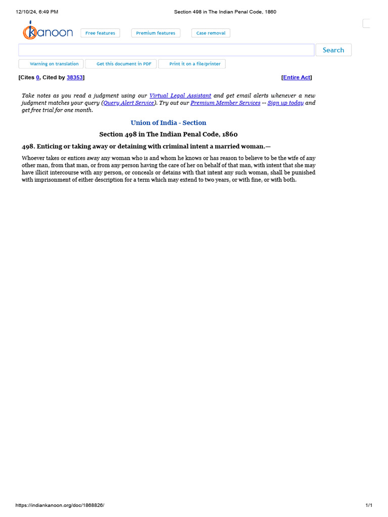 Section 498 in The Indian Penal Code, 1860 | PDF