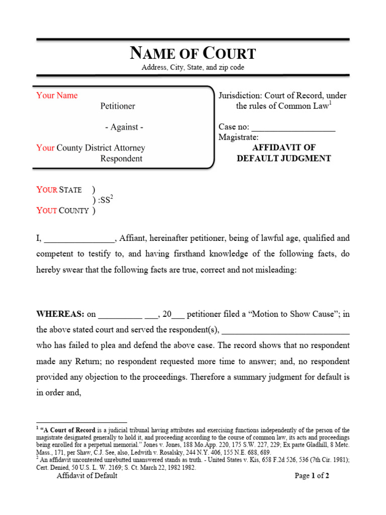 Affidavit of Default | PDF | Affidavit | Federal Rules Of Civil Procedure