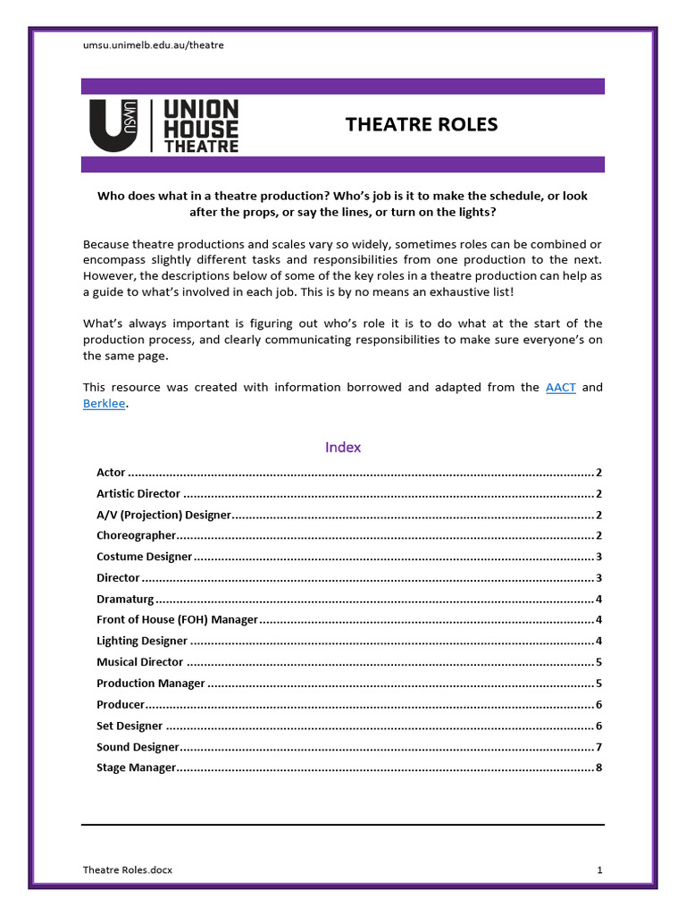 Theatre Roles 1 | PDF | Orchestras | Performing Arts