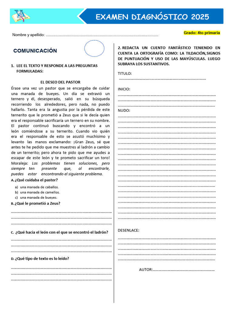 Examen Diagnóstico 4to Primaria 2025 | PDF