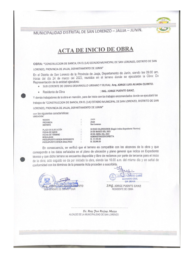 Acta de Inicio de Obra | PDF