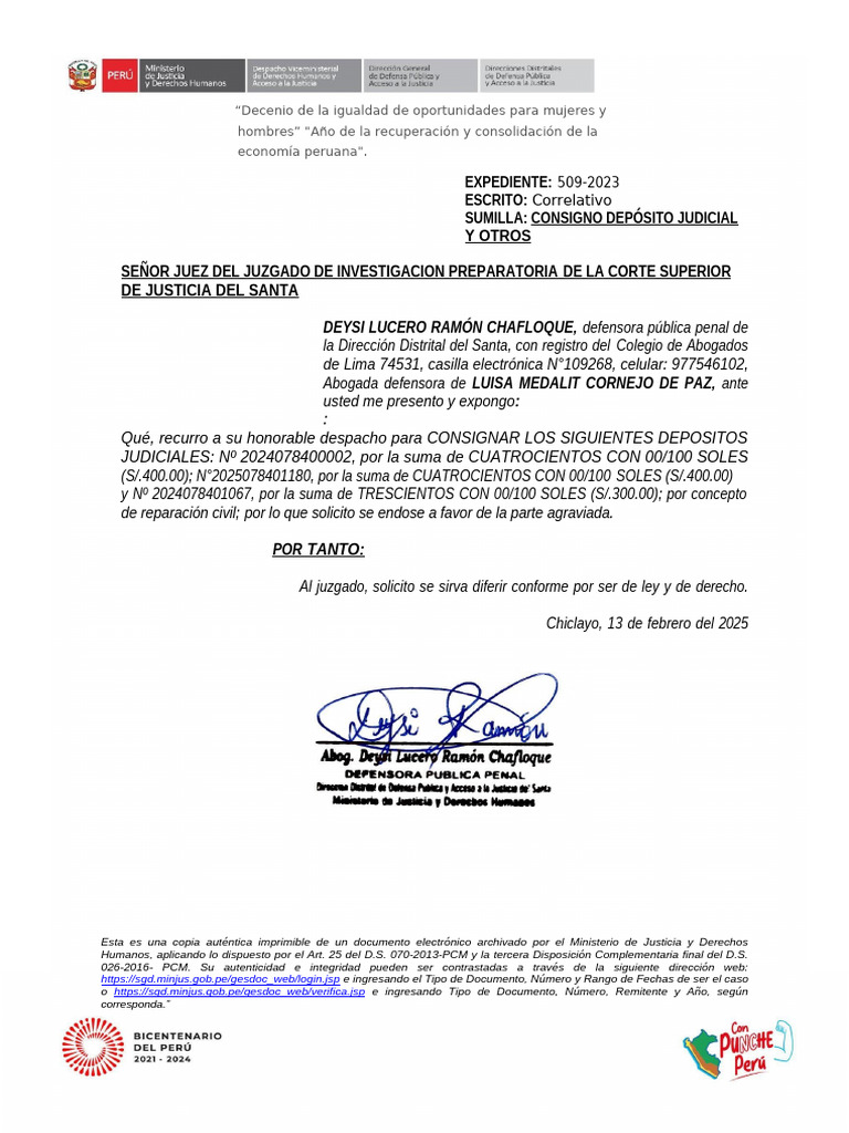 Escrito de Deposito Judicial de Cornejo de Paz | PDF | Ley Pública | Gobierno