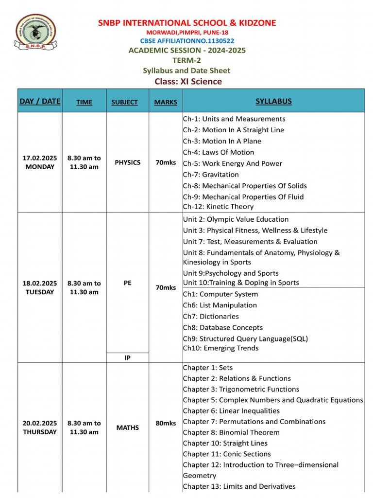 Grade 11th Science Time Table | PDF