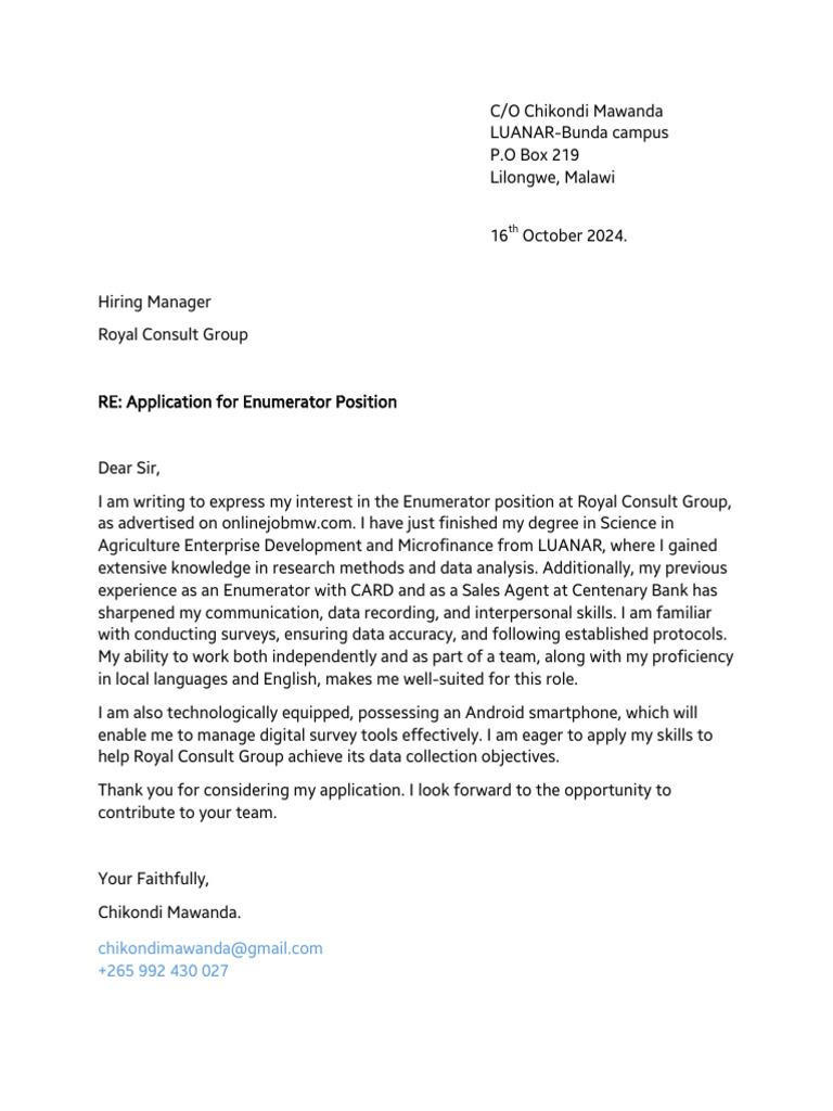 Enumerator Cover Letter | PDF