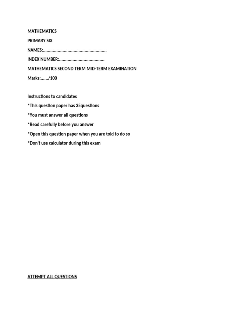 Primary 6 Math Mid-Term Exam | PDF