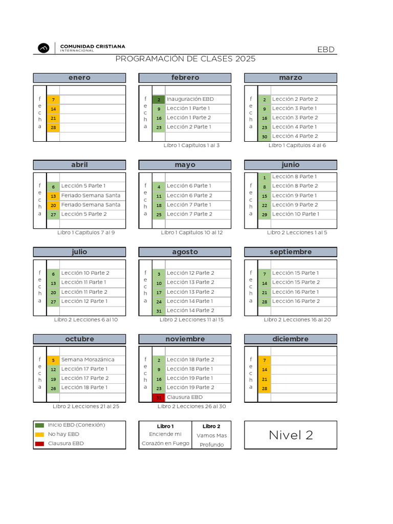 Calendario Semanal Nivel 2 EBD 2025 | PDF