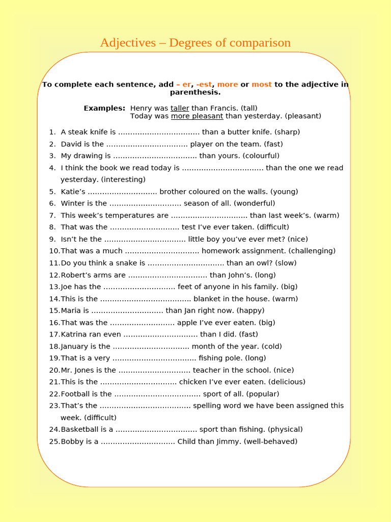 Adjective Comparison Exercises | PDF