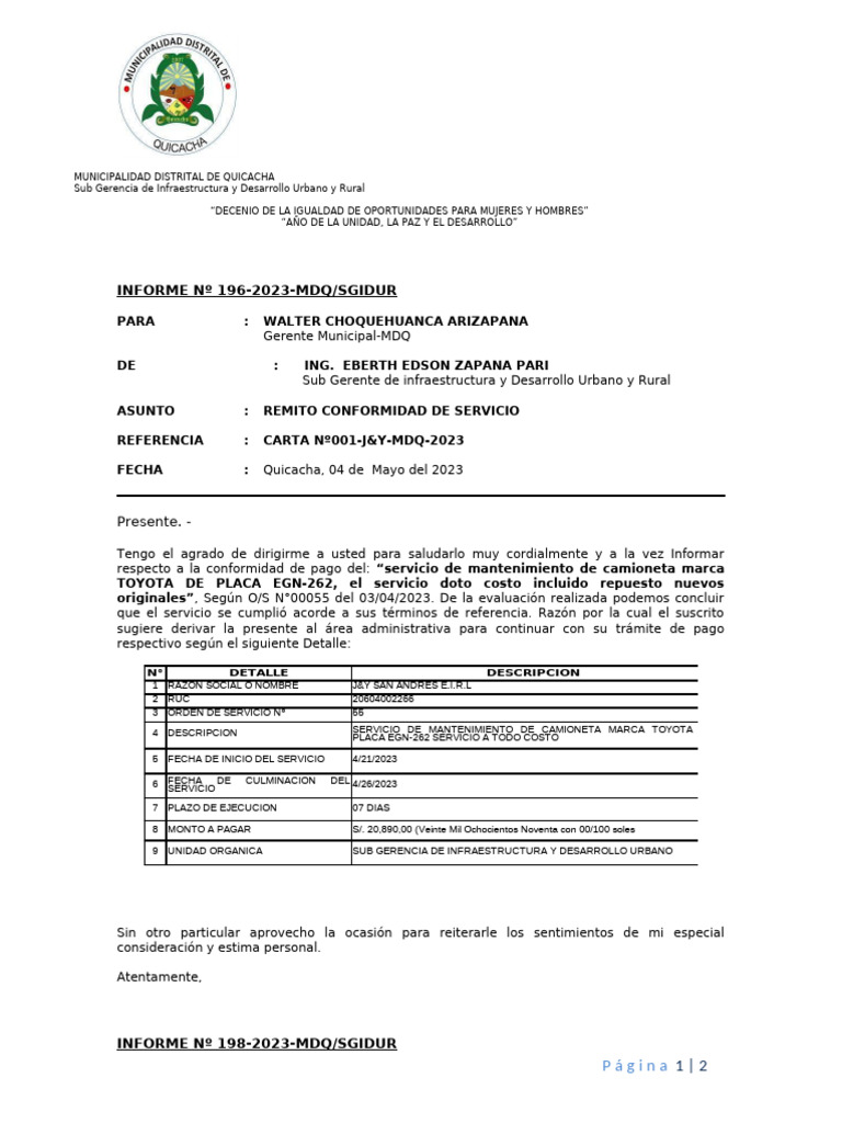 INFORME Nº196 CONFORMIDAD DE PAGO | PDF