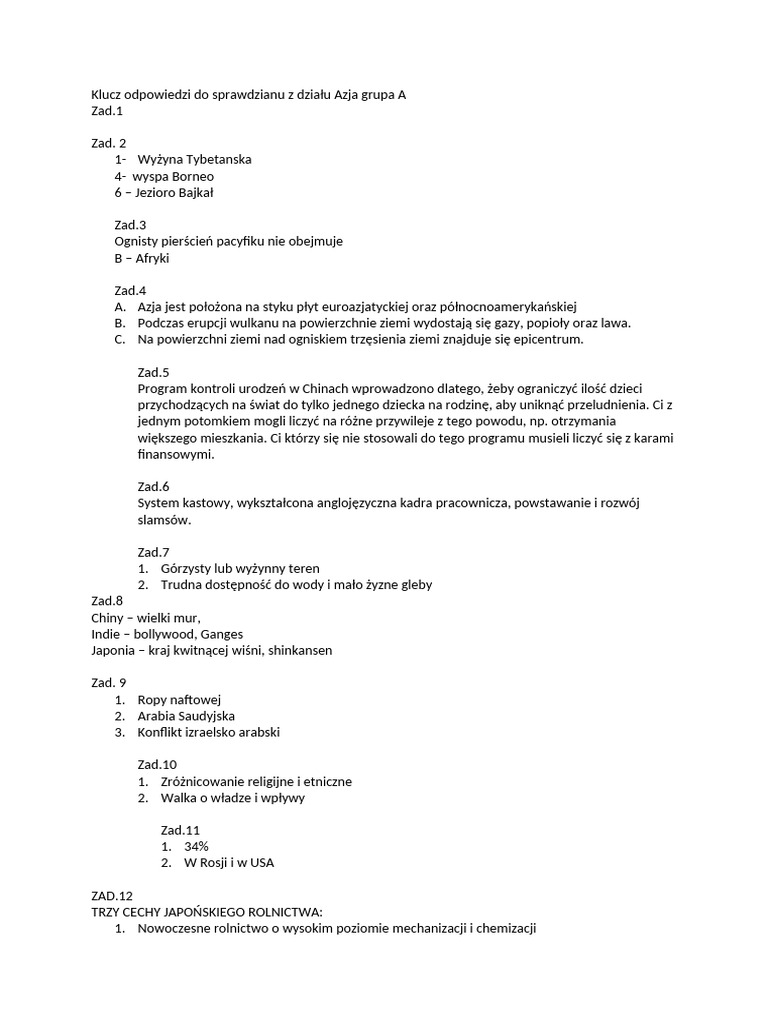 Odpowiedzi Grupa A Azja | PDF