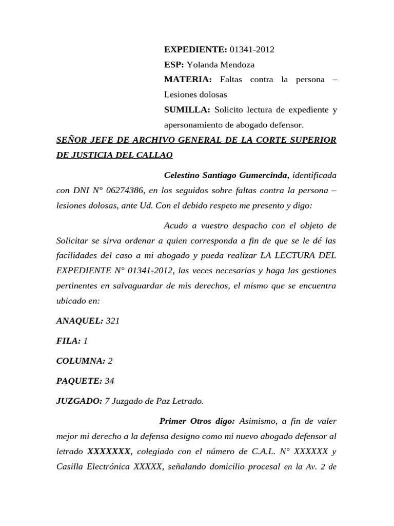 Solicito Lectura de Expediente y Apersonamiento de Abogado Defensor | PDF | Ley politica ...