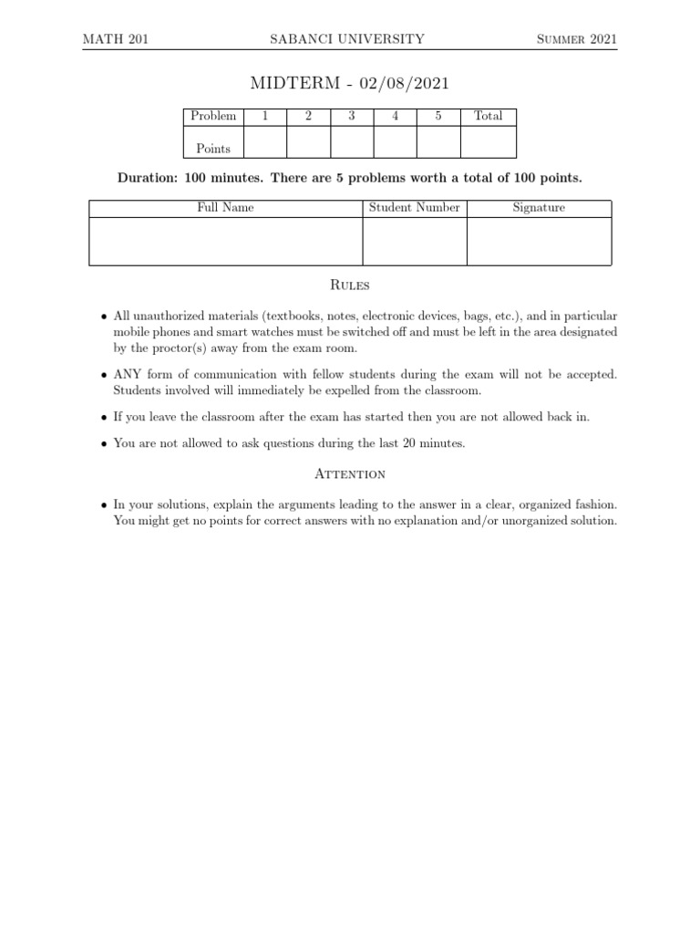 MATH 201 Midterm Exam Summer 2021 | PDF | Operator Theory | Functions And Mappings