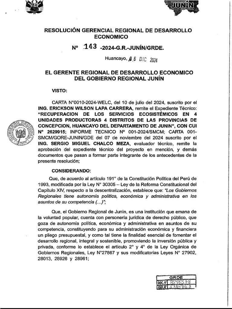 Resoluci N Gerencial de Desarrollo Econ Mico N 143-2024-GRJ GRDE | PDF
