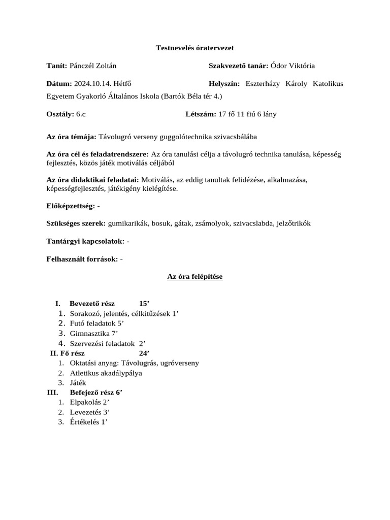 Pánczél Zoltán - Óratervezet - Távolugrás | PDF