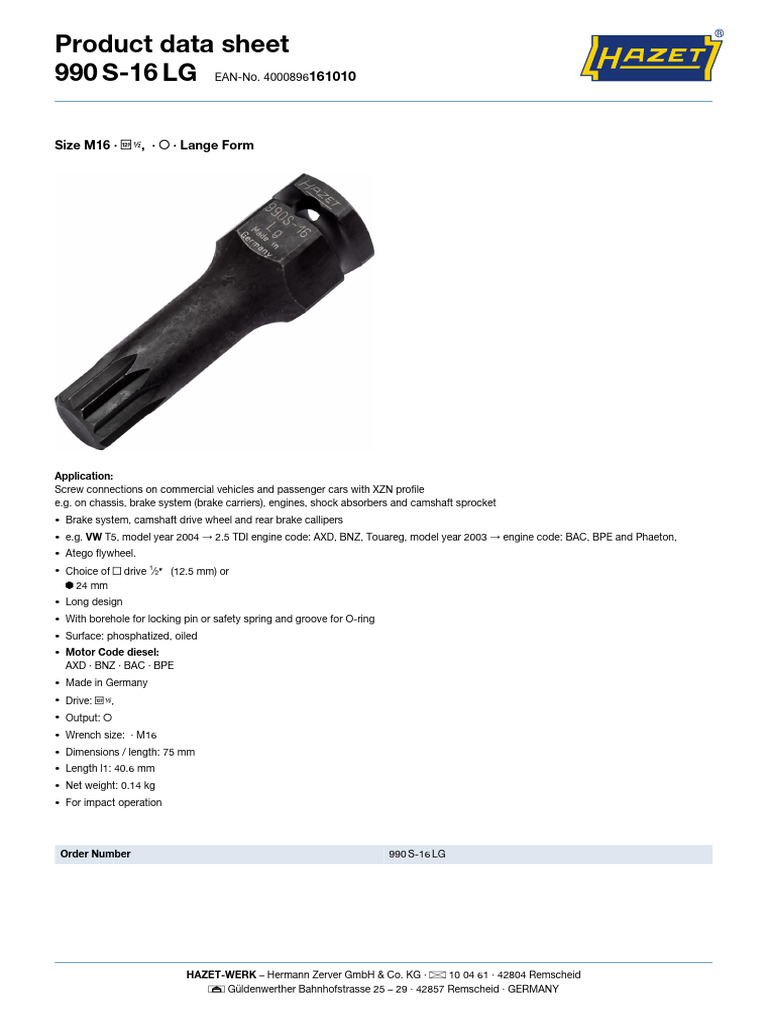 M16 XZN Screw Tool Data Sheet | PDF