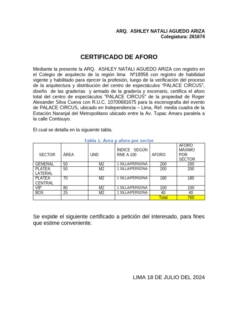 Certificado de Aforo 2024 | PDF