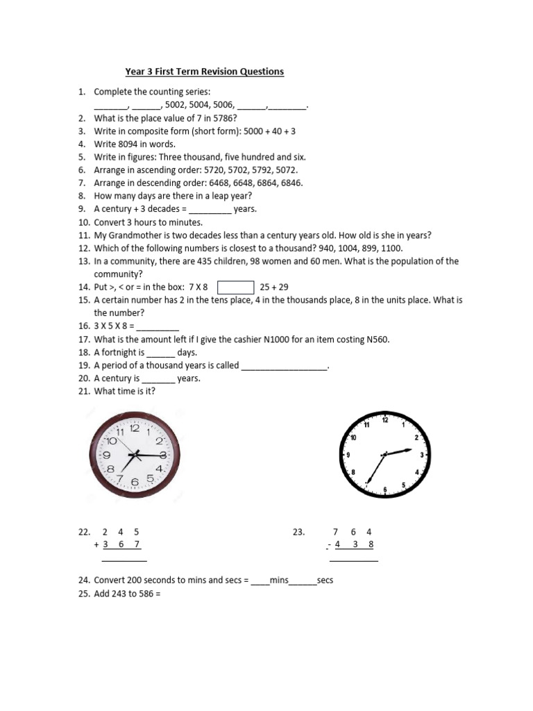 Mathematics First Term Revision Questions - Class 3 | PDF
