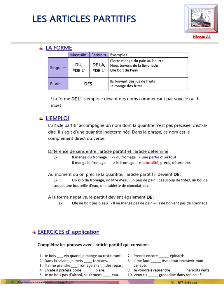 Articles Partitifs en Français A1 | PDF | Nourritures | Cuisine