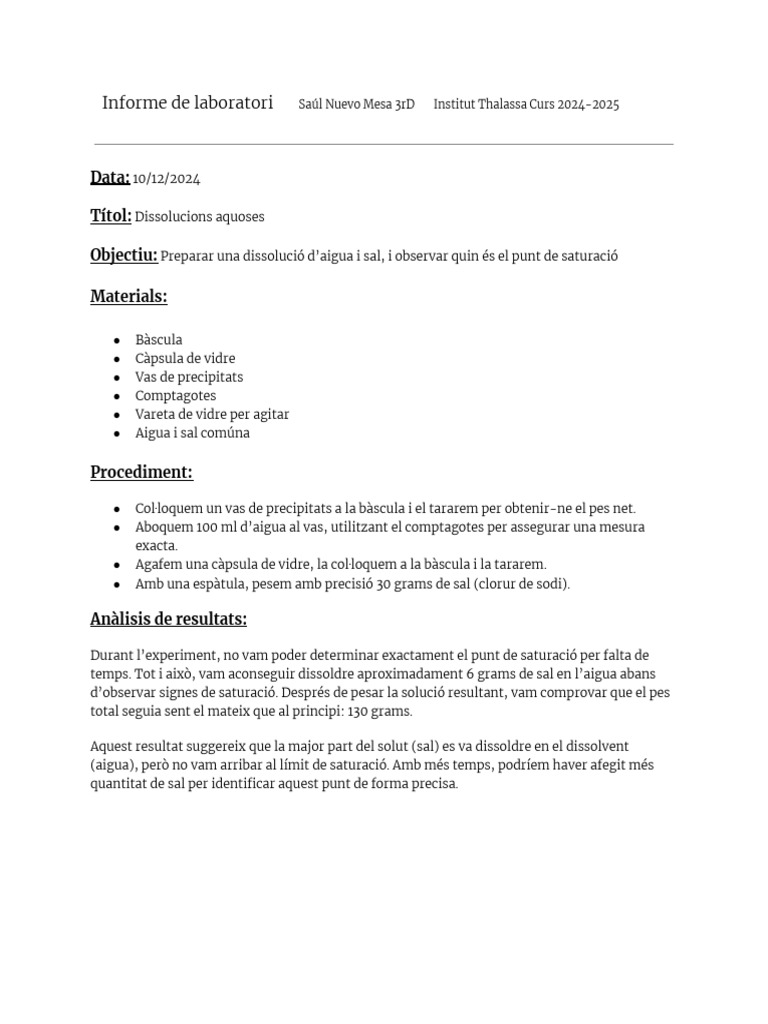 Saúl Nuevo - Pràctica 2 - Dissolucions Aquoses | PDF