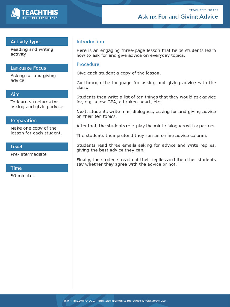 ESL Lesson: Asking for Advice | PDF | English As A Second Or Foreign ...