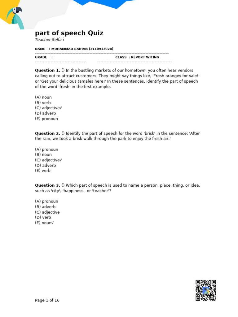 Part of Speech Quiz - Muhammad Raihan - 2110912028 | PDF | Part Of ...