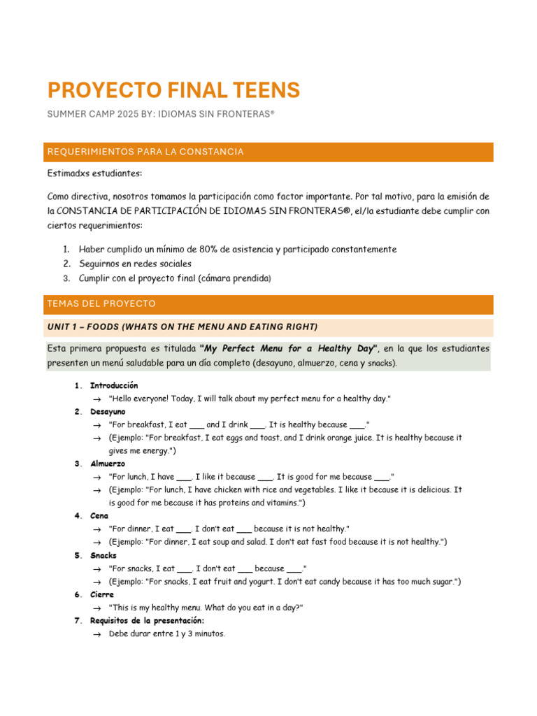 PROYECTOS_FINAL_SUMMERCAMP_TEENS | PDF | Lingüística | Gramática