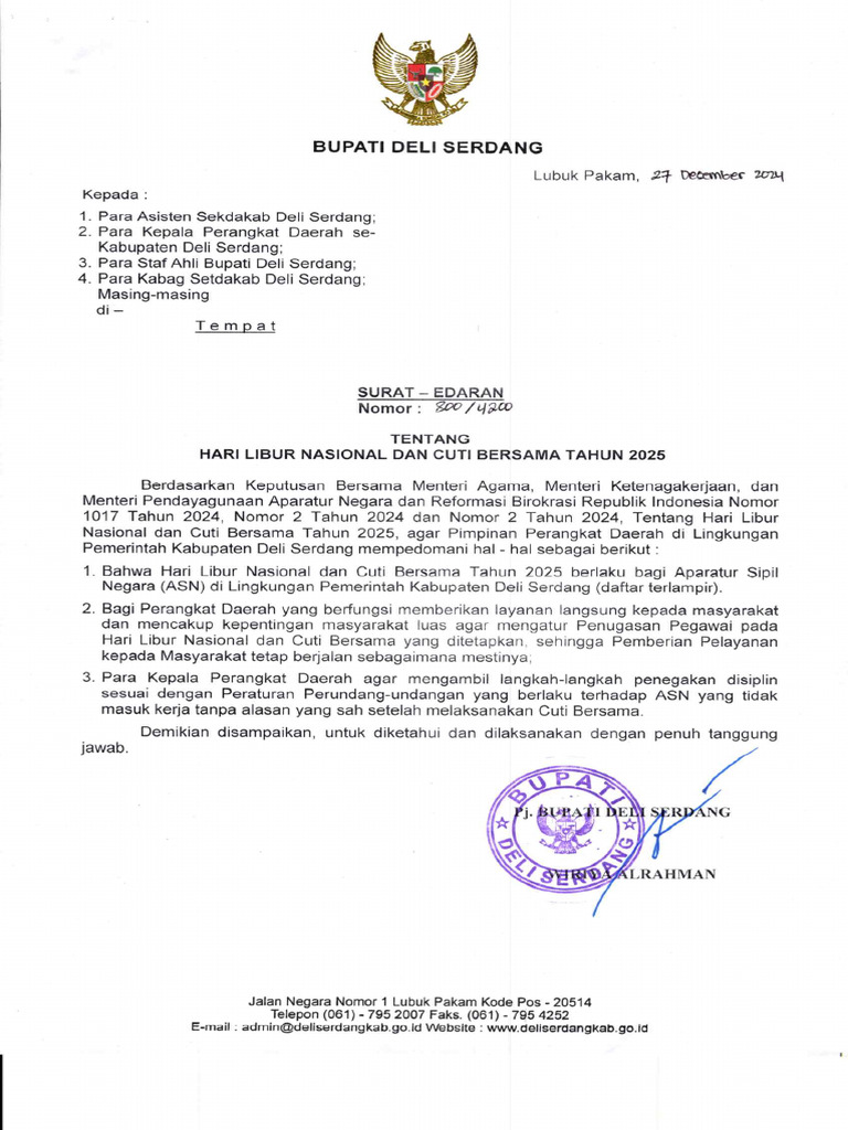 Surat Edaran Cuti Bersama Tahun 2025 | PDF