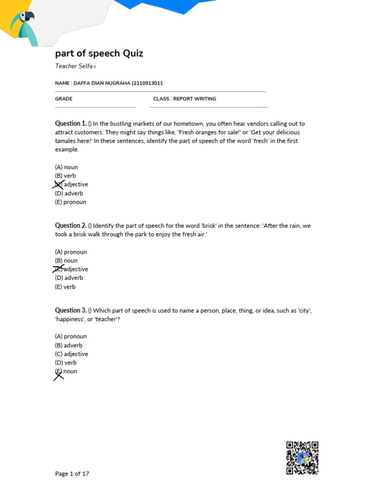 Part of Speech Quiz for Students | PDF | Part Of Speech | Adverb