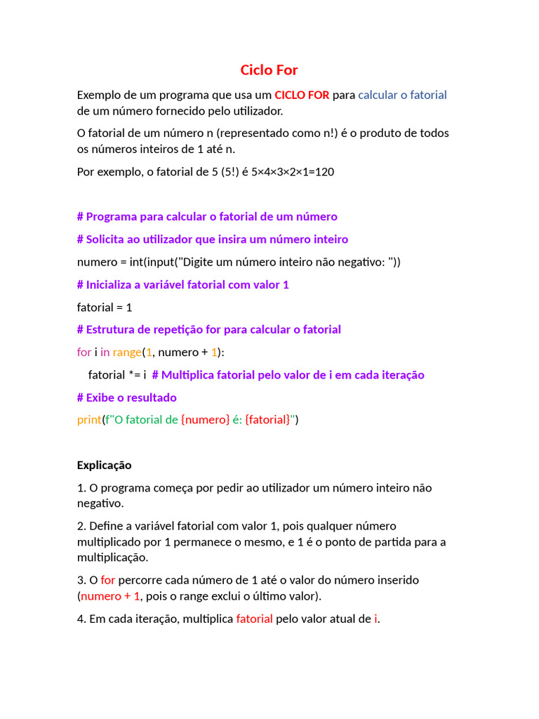 Cálculo de Fatorial com Ciclo For | PDF