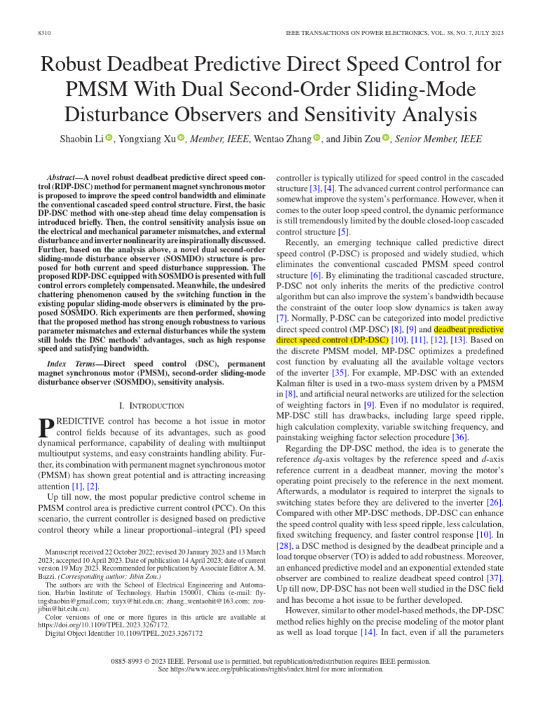 Robust Deadbeat Predictive Direct Speed Control For PMSM With Dual Second-Order Sliding-Mode ...