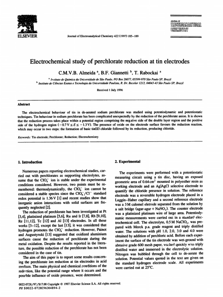 Electrochemical Study of Perchlorate Reduction at Tin Electrodes | PDF ...