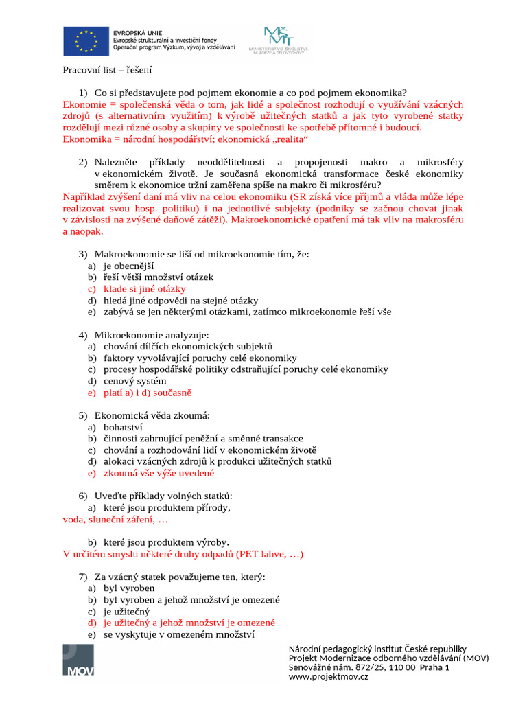 Pracovni List Ekonomie Teorie Reseni | PDF