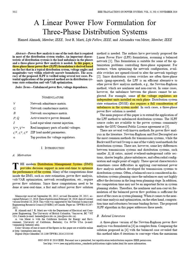 Linear PF For Three-Phase Distribution Systems | PDF | Electrical Impedance | Electricity