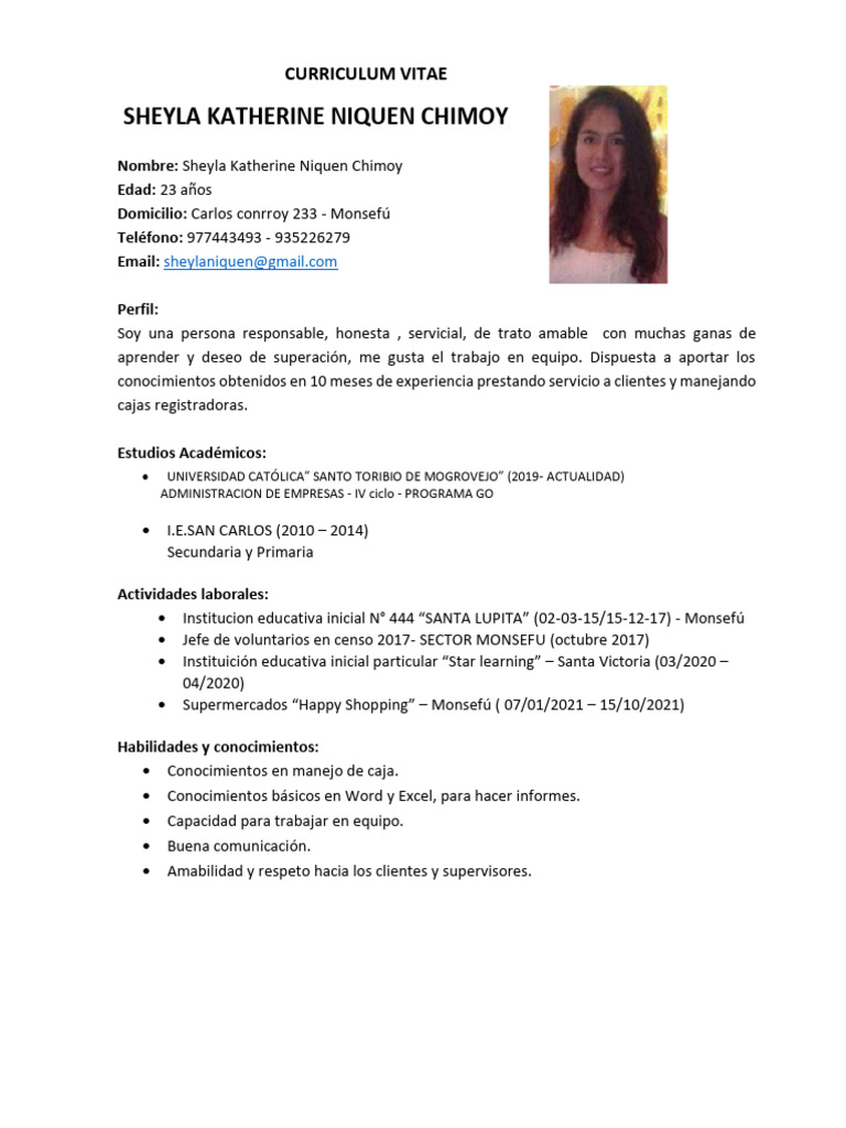 Sheyla Katherine Niquen Chimoy: Curriculum Vitae | PDF